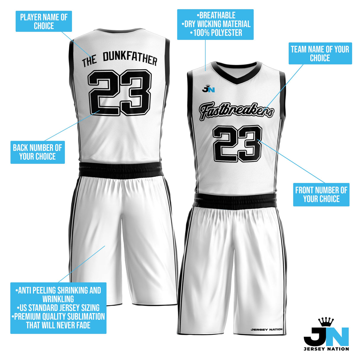 White-Black Custom Basketball Bulk Team Jersey and Shorts Set – Jersey ...